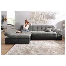 Ecksofa DOMO collection "Moric B/T/H 300/172/80 cm, auch in Cord, L-Form" Sofas Gr. B/H/T: 300cm x 80cm x 172cm, Kunstleder SOFTLUX-Struktur, Recamiere links, mit Bettfunktion-mit Armlehnenverstellung, grau (schwarz/weiß-grau) XXL-Format, wahlweise auch mit Bettfunktion und Armverstellung