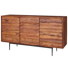 FineBuy Massivholz Sideboard 150cm Sheesham Kommode mit 3 T&uuml;ren 3D Design Metall schwarz