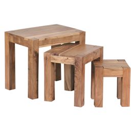 KADIMA DESIGN Holz Satztisch Set "NAKO": 3-teilig, Landhaus-Stil, Massivholz, platzsparend, 45x50x36 cm, 37x38x30 cm, 30x25x25 cm.