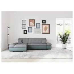 Ecksofa DOMO collection "Moric B/T/H 300/172/80 cm, auch in Cord, L-Form" Sofas Gr. B/H/T: 300cm x 80cm x 172cm, Webstoff fein, Recamiere links, mit Bettfunktion-mit Armlehnenverstellung, bunt (eisblau/grau) XXL-Format, wahlweise auch mit Bettfunktion und Armverstellung