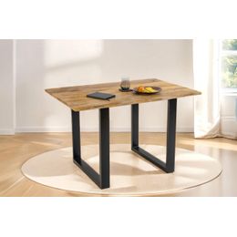 Baumkantentisch Mangoholz Esstisch Vintage-Optik 140 x 80 cm U-Gestell schwarz TIGER