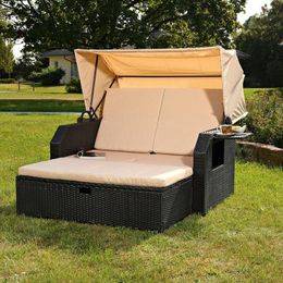 Mucola Polyrattan Bett in schwarz inkl. Sonnendach Rattan Sofa Gartenliege Strandkorb