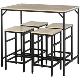 HOMCOM - Bartisch mit Barhocker Set 5-teiliges Bartisch-Set Stehtisch mit 4 Barhockern Tischset Küchentresen für Esszimmer, Küche Stahl Eiche+Schwarz