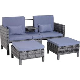 3-tlg. Gartensofa Gartenmöbel Lounge Gartenset Sitzgruppe Rattenmöbel Grau Polyrattan + Metall 2er-Sofa 2 x Hocker Kissen - Outsunny