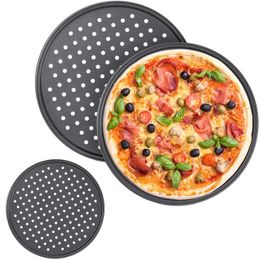 Pizzablech, 3er Set, rund, gelocht, Knusperblech, ∅ 32 cm, antihaft, Pizza & Flammkuchen, aus Stahl, anthrazit - Relaxdays