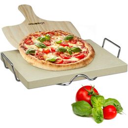 Relaxdays Pizzastein Set, 3 cm Stärke, Metallhalter, Pizzaschieber, Pizzastein HBT: 3 x 38 x 30 cm, Pizza, natur