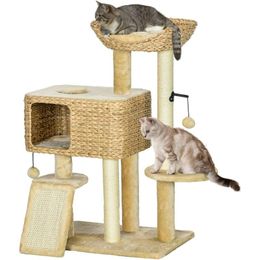 PawHut - Katzen Kratzbaum 98 cm Katzenbaum mit 2 Leigefläche, Kletterbaum Spielball, Kratzsäulen, Katzenmöbel mit Katzenhöhle für Katzen bis 6 kg,