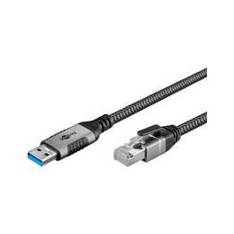 goobay Ethernet-Kabel USB-A 3.2 Gen1 Stecker > RJ-45 Stecker, LAN-Adapter schwarz/silber, 3 Meter, geflochtener Textilmantel
