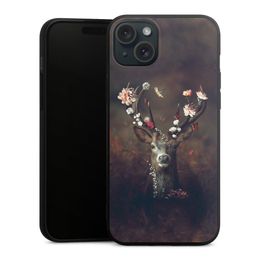 DeinDesign iPhone 15 Plus Handy Premium Silikon H&uuml;lle Handyh&uuml;lle schwarz Case Reindeer Flowers Rehe Silikon Premium Case