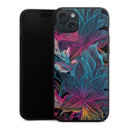 DeinDesign iPhone 15 Plus Handy Premium Silikon H&uuml;lle Handyh&uuml;lle schwarz Case Colourful Flowers Neon Silikon Premium Case