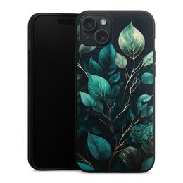 DeinDesign iPhone 15 Plus Handy Premium Silikon H&uuml;lle Handyh&uuml;lle schwarz Case Eukalyptus Leaves Black Silikon Premium Case