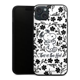 DeinDesign iPhone 15 Plus Handy Premium Silikon H&uuml;lle Handyh&uuml;lle schwarz Case Peanuts Flowers Snoopy Silikon Premium Case