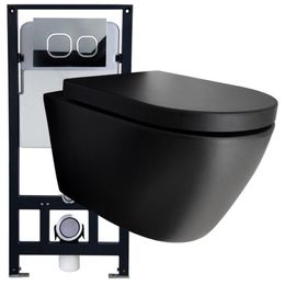 Bernstein WC-Komplettpaket 43: wc B-8030R in Schwarz Matt und Soft-Close Sitz mit Vorwandelement G3004A und Betätigungsplatte vorne Modell 4111 satin