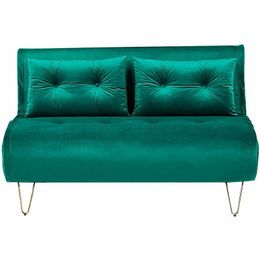 Beliani Schlafsofa 2-Sitzer Dunkelgrün Samtstoff Zierkissen Metallbeine in Gold verstellbare Rückenlehne Minimalistisch Glamourös Wohnzimmer