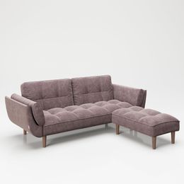 PLAYBOY - SET Sofa mit Fussablage "SCARLETT" gepolsterte Couch mit Bettfunktion, Samtstoff in Rosa mit Massivholzfüsse, Retro-Design