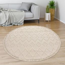 Paco Home - Teppich Wohnzimmer Esszimmer Boho Rauten Muster Geometrisch Mit Fransen Modern 160 cm Rund, Creme 7