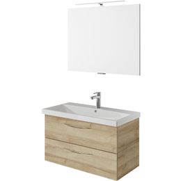 Badmöbel-Set SAPHIR "Serie 4035 2-teilig, Keramikwaschtisch mit LED-Spiegel, 90 cm breit", braun (riviera eiche quer nachbildung), B:90cm H:200cm T:43,5cm, Spanplatte, Kastenmöbel-Sets, Badezimmer-Set inkl. Türdämpfer, 2 Schubladen, Waschplatz