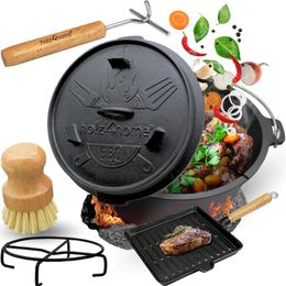 holz4home® Dutch Oven Set 6-teilig I eingebrannter Feuertopf 9L aus Gusseisen I inkl. Pfanne, Topfständer, Deckelheber und Reinigungsbürste