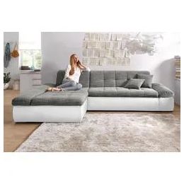 Ecksofa DOMO collection "Moric B/T/H 300/172/80 cm, auch in Cord, L-Form" Sofas Gr. B/H/T: 300cm x 80cm x 172cm, Kunstleder SOFTLUX-Struktur, Recamiere links, ohne Funktion, grau (weiß/weiß-grau) XXL-Format, wahlweise auch mit Bettfunktion und Armverstellung