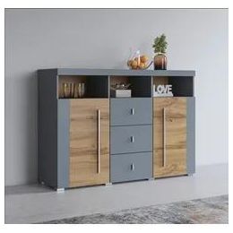 Sideboard Inosign "Roger,Breite 132cm, stilvolle Schrank, 2 Holztüren 3 Schubladen" Sideboards grau (grau matt, eichefarben votan) Kommode mit viel Stauraum, Einlegeböden verstellbar