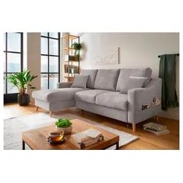 Ecksofa Inosign "Valentina L-Form" Sofas Gr. B/H/T: 228cm x 94cm x 150cm, Microfaser, Recamiere links-Bettfunktion rechts, grau (hellgrau) 2 Zierkissen, mit Seitentasche, ausziehbarer Liegefläche, Bettkasten