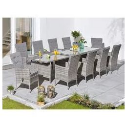 Garten-Essgruppe Konifera "Belluno", grau, H:100cm, Polyrattan, Sitzmöbel-Sets, 2 der 10 Sessel stufenlos verstellbar, Tischplatte aus Sicherheitsglas