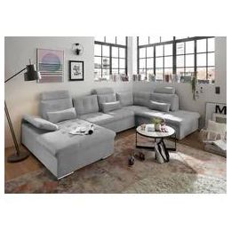 Wohnlandschaft ED EXCITING DESIGN "Jakarta U-Form" Sofas Gr. B/H/T: 324cm x 107cm x 218cm, Webstoff, Ottomane rechts-Recamiere links, grau (hellgrau) mit Bettfunktion, Bettkasten, Kopfstützen, Nierenkissen etc.