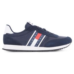 Sneaker Tommy Jeans "TJM RUNNER CASUAL ESS", Herren, Gr. 41, blau (nachtblau), Lederimitat, Textil, Veloursleder, kontrastfarbene Details, Schuhe, Freizeitschuh, Halbschuh, Schnürschuh mit seitlicher Logoflagge