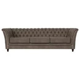 3-Sitzer Home Affaire "Derby" Sofas Gr. B/H/T: 237cm x 75cm x 82cm, Luxus-Microfaser Lederoptik, grau (stone) mit aufwändiger Knopfheftung und Ziernieten