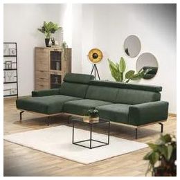 Ecksofa Max Winzer "Designsofa hoher Sitzkomfort durch verstellbare Kopfteile, Cord Bezug" Sofas Gr. Longchair links, grün (dunkelgrün) umlaufender Echtholzsockelrahmen, feste Polsterung