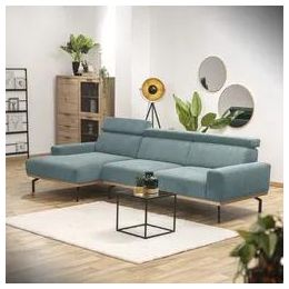 Ecksofa Max Winzer "Designsofa hoher Sitzkomfort durch verstellbare Kopfteile, Cord Bezug" Sofas Gr. Longchair links, blau (eisblau) umlaufender Echtholzsockelrahmen, feste Polsterung