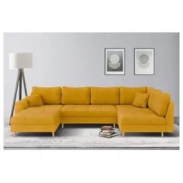 Wohnlandschaft Home Affaire "CHARRE U-Form, incl. 3 Zierkissen" Sofas Gr. B/H/T: 310 cm x 81 cm x 161 cm, Struktur weich, Recamiere links, goldfarben (gold) auch in Cord und Bouclé, feine Steppung, lose Rückenkissen