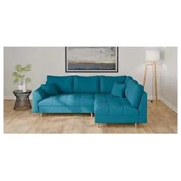 Ecksofa Home Affaire "CHARRE incl. 3 Zierkissen" Sofas Gr. B/H/T: 231cm x 81cm x 161cm, Struktur weich, Ottomane rechts, blau (türkis) L-Form, feine Steppung, lose Rückenkissen, auch in Cord und Bouclé