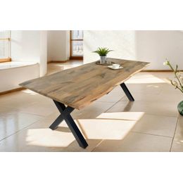 Baumkantentisch Mangoholz Esstisch Vintage-Optik 200 x 100 cm X-Gestell schwarz TIGER