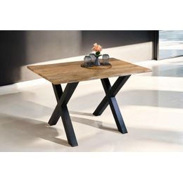 Baumkantentisch Mangoholz Esstisch Vintage-Optik 160 x 85 cm X-Gestell schwarzTIGER