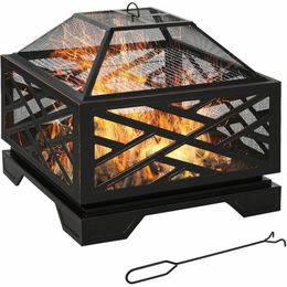 Outsunny - Feuerschale mit Funkenschutz, Feuerkorb mit Grillrost, Schürhaken, 2-in-1 bbq Grill, Feuerstelle für Garten, Balkon, Metall, Schwarz, 66 x