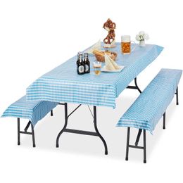 Bierzeltgarnitur Auflage, 3er Set, bayrisch, Biertisch Tischdecke 250x100cm, 2 Bierbankauflagen, weiß-blau - Relaxdays