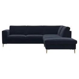 Ecksofa FLEXLUX "Fiore, L-Form" Sofas Gr. B/H/T: 241cm x 85cm x 225cm, Velvet, Ottomane rechts, blau (royal blau) breite Armlehnen, Füße AluEiche, BT 241225 cm, Kaltschaum im Sitz