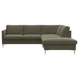 Ecksofa FLEXLUX "Fiore, L-Form" Sofas Gr. B/H/T: 234cm x 85cm x 225cm, Struktur, Ottomane rechts, grün (moss green) schmale Armlehnen, Füße alufarben, BT 234225 cm, Kaltschaum im Sitz