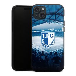 DeinDesign iPhone 15 Plus Handy Premium Silikon H&uuml;lle Handyh&uuml;lle schwarz Case Stadium 1. Fcm 1. Fc Magdeburg Silikon Premium Case