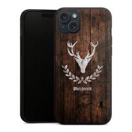 DeinDesign iPhone 15 Plus Handy Premium Silikon H&uuml;lle Handyh&uuml;lle schwarz Case Wooden Look Deer Wood Silikon Premium Case