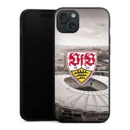 DeinDesign iPhone 15 Plus Handy Premium Silikon H&uuml;lle Handyh&uuml;lle schwarz Case Official Licensed Product Vfb Stuttgart Stadium Silikon Premium Case