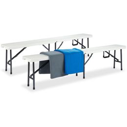 Bierbank 2er Set, Bierzeltgarnitur, klappbar, Kofferfunktion, Pflegeleicht, Kunststoff, hbt: 42x180x25cm, weiß - Relaxdays