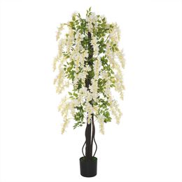 Outsunny Kunstpflanze mit weißen Glyzinien Dekoration 1,65 m Kunstbaum Baumdekoration Kunststoff Zement Weiß+