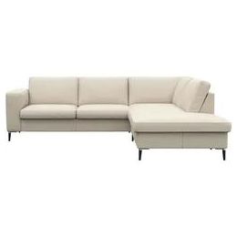 Ecksofa FLEXLUX "Fiore, L-Form" Sofas Gr. B/H/T: 241cm x 85cm x 225cm, Echtleder, Ottomane rechts, weiß (warm weiß) breite Armlehnen, Füße Aluschwarz, BT 241225 cm, Kaltschaum im Sitz