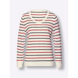 WITT Damen V-Ausschnitt-Pullover mit Ringel-Muster, pflegeleicht, wei&szlig;-rot-geringelt, Gr&ouml;&szlig;e 56