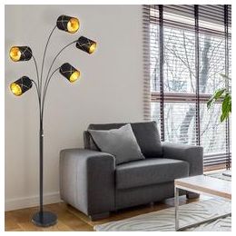 Stehlampe schwarz Lampenschirm Flur Stehleuchte mit beweglichen Stoffschirmen, Metall Gold Muster, 5x E14, BxH 130x204 cm
