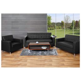 MCW 3-2-1 Sofagarnitur Pori, Couch Loungesofa Kunstleder, Metall-Füße ~ schwarz