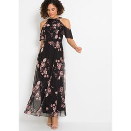 bonprix Maxikleid aus Mesh, schwarz, Gr.44/46 (L), Modernes langes Kleid mit Volant und sch&ouml;nem Druck