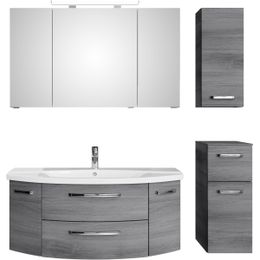 Badmöbel-Set SAPHIR "Serie 4010 4-teilig Keramik-Waschtisch mit LED-Spiegelschrank" Kastenmöbel-Sets Gr. B/H/T: 150,5cm x 200cm x 48cm, grau (graphit struktur quer nachbildung) Badezimmer Set mit Unterschrank, Hängeschrank, inkl. Türdämpfer